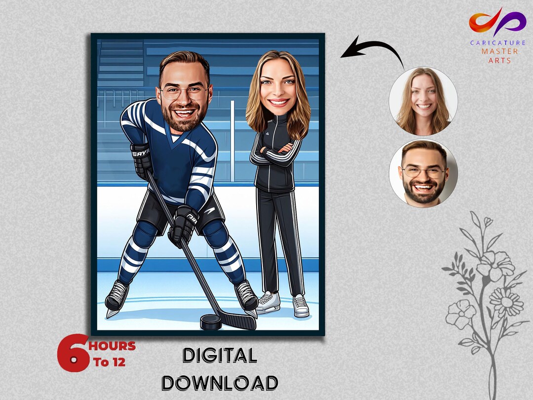Custom Ice Hockey Player and Coach Couple Caricature Personalized Match ...