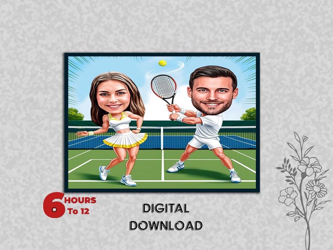 Custom Male Female Tennis Team Players Partners Cartoon Portrait ...