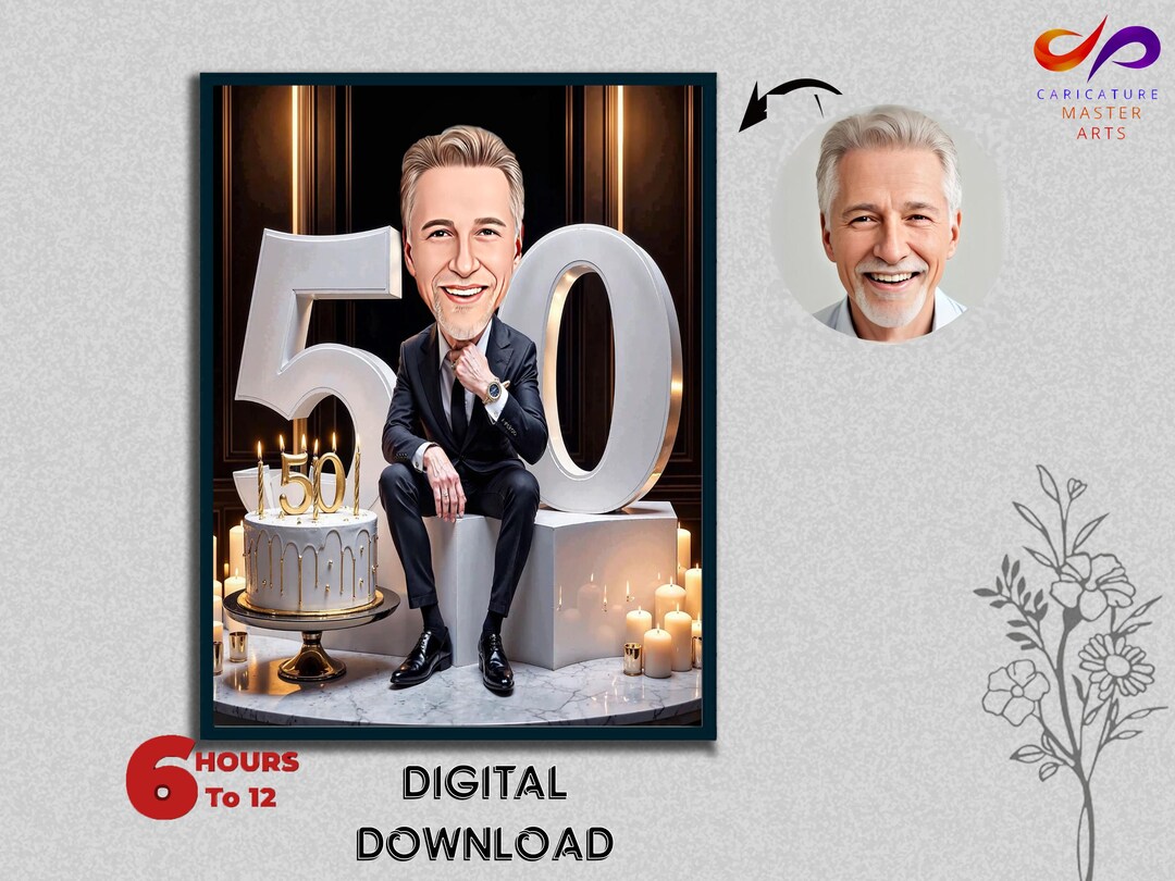 Male 50th Birthday Caricature Gift Personalized Illustration Unique ...