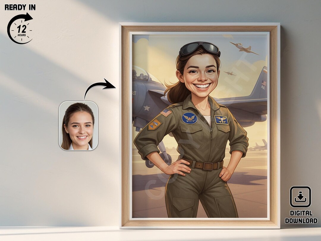 Custom Pilot Caricature Portrait: Personalized Aviation Art (digital ...
