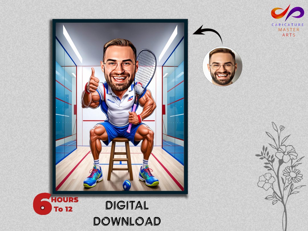 Male Boys Squash Player Cartoon Portrait Racquetball Caricature, Gift ...