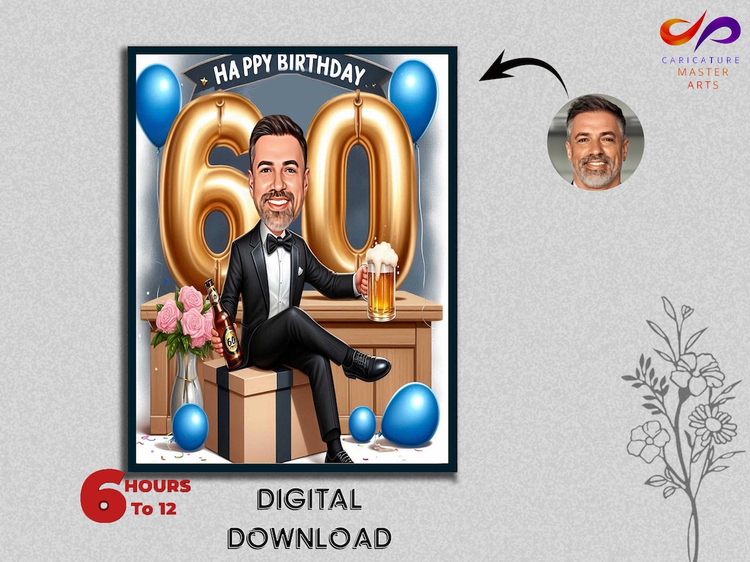 Custom 60th Birthday Caricature Gift Personalized Illustration Unique ...