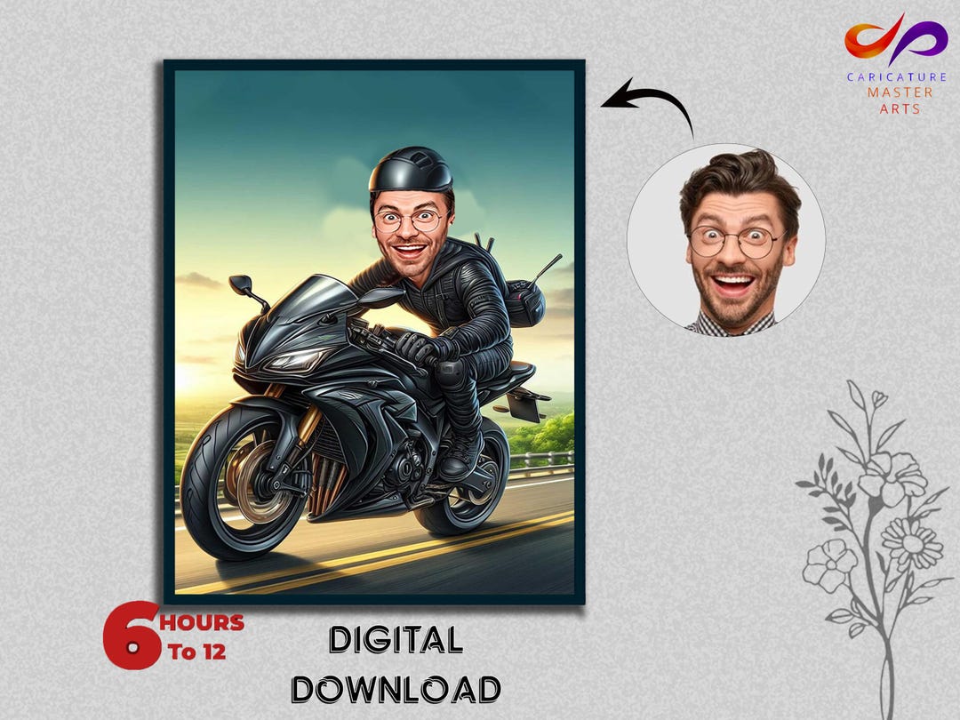 Custom Biker Caricature: Motorcycle Rider Portrait (digital Download ...