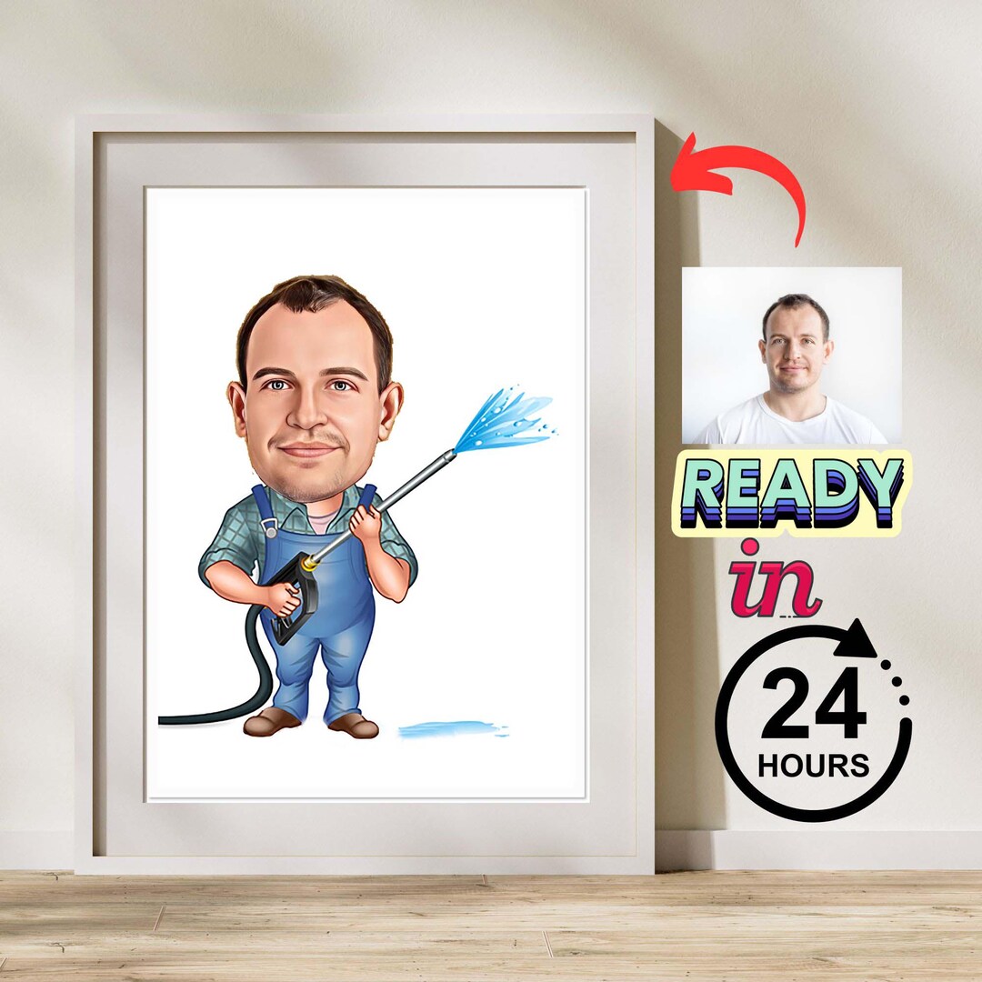 Car Washer Cartoon Drawing From Photo for Men, Car Washer Dad Gift, Car ...