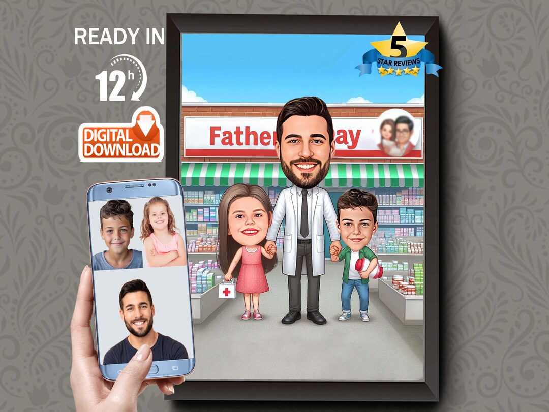 Doctor Dad and Son Cartoon Portrait, Funny Doctor Dad Portrait, Dad's ...