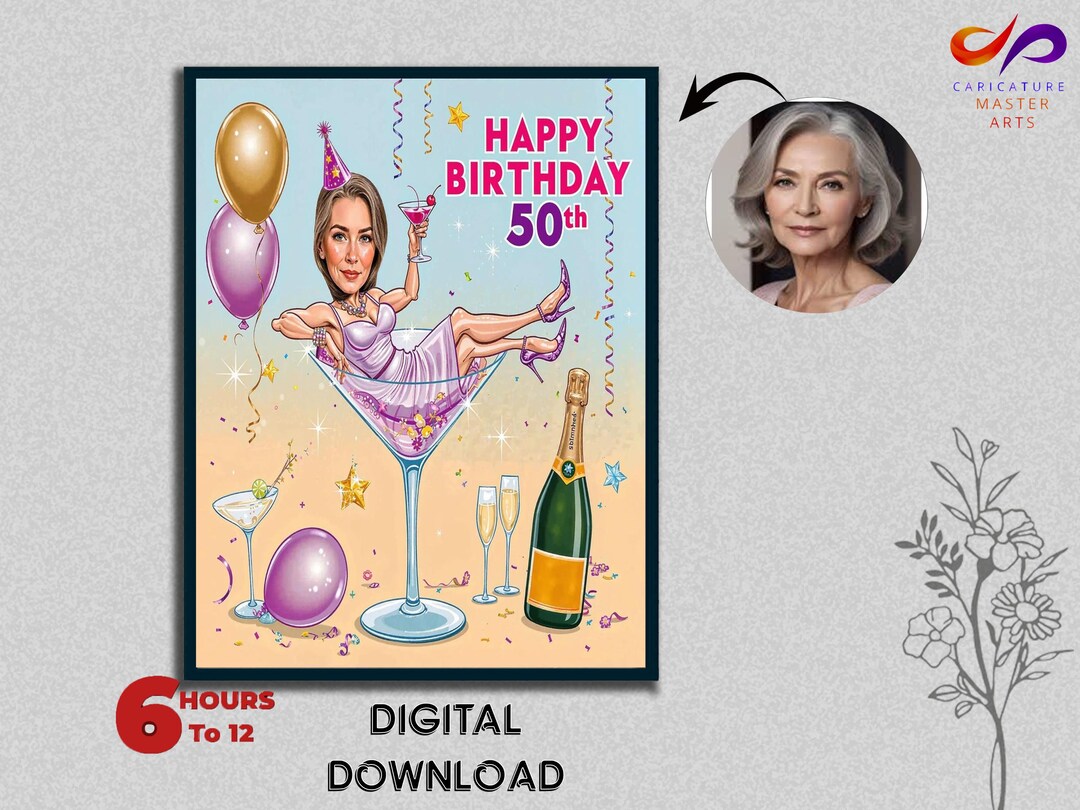 Custom Female 50th Birthday Caricature Funny Personalized Playful ...