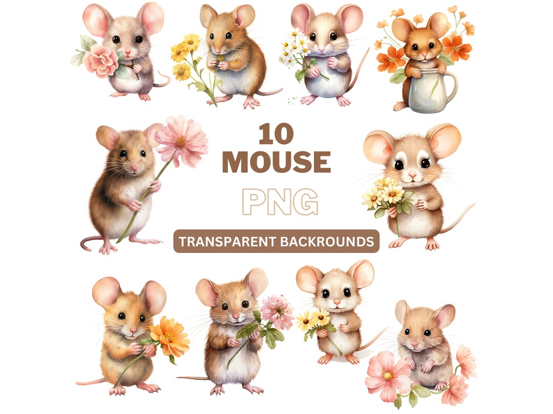 Watercolor Mouse Clipart, Cute Animal Clipart, Flowers Png, Animal ...