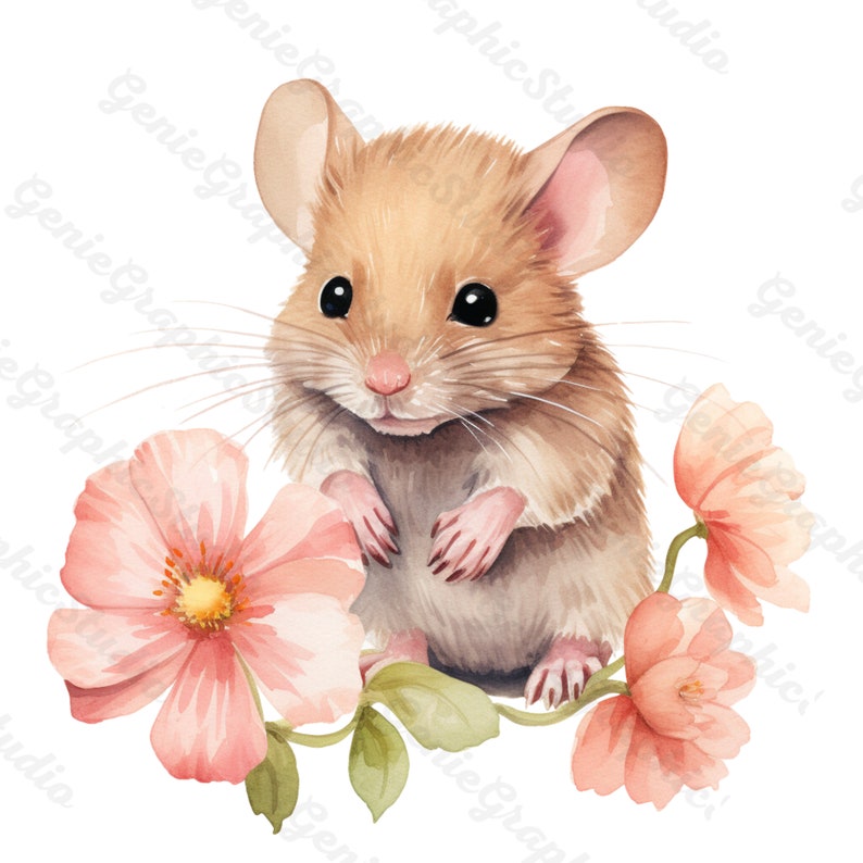 Watercolor Mouse Clipart, Cute Animal Clipart, Flowers Png, Animal ...
