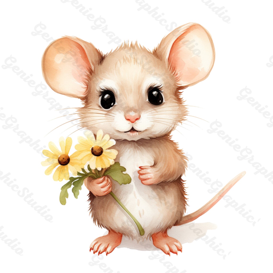 Watercolor Mouse Clipart, Cute Animal Clipart, Flowers Png, Animal ...
