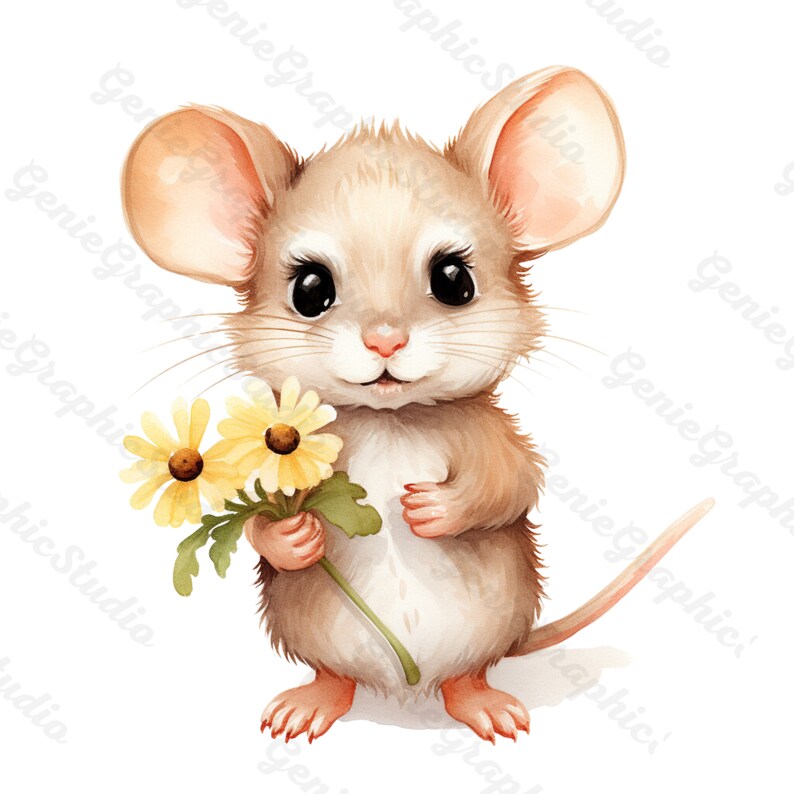 Watercolor Mouse Clipart, Cute Animal Clipart, Flowers Png, Animal ...