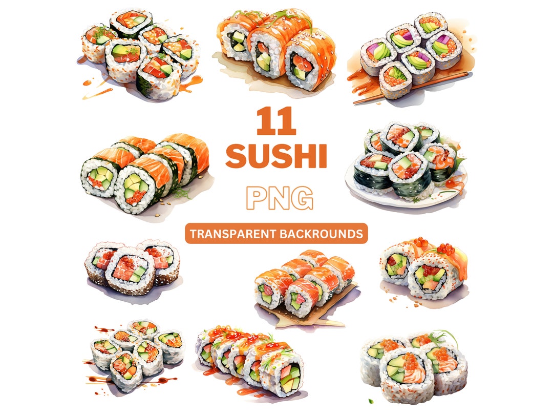 Watercolor Sushi Clipart: Japanese Food PNG, Commercial Use (instant ...