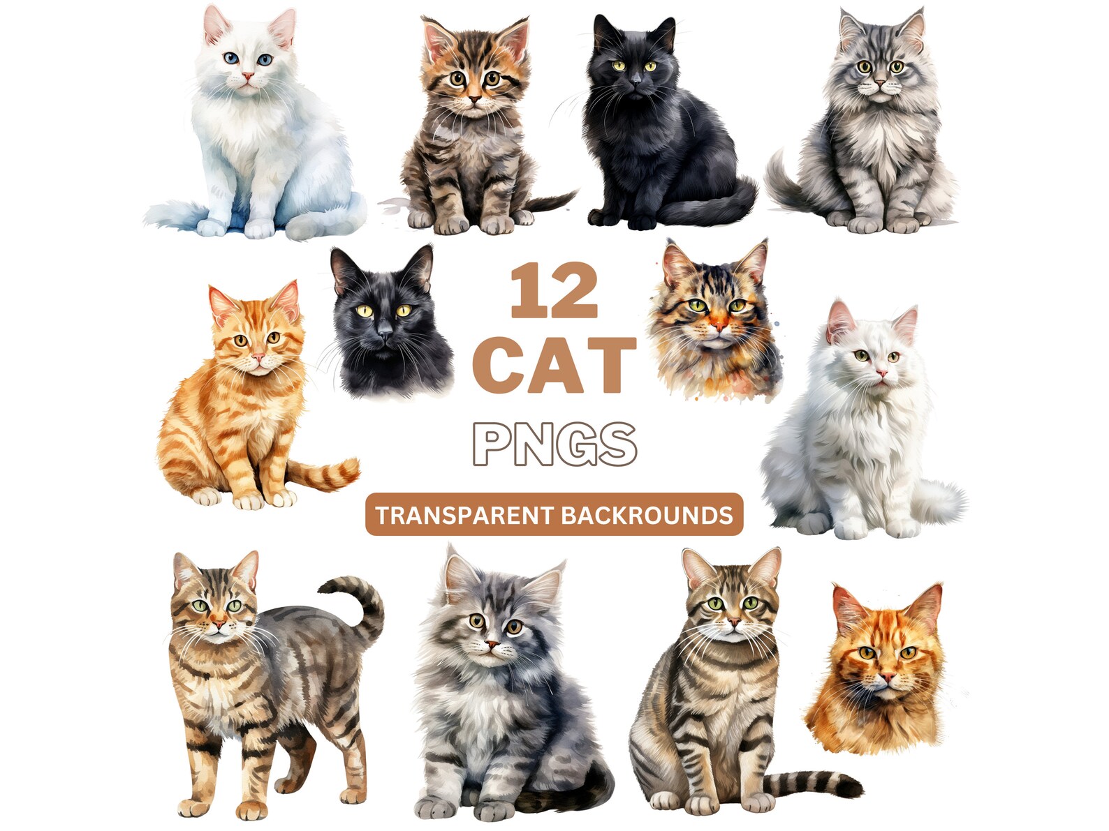 Watercolor Cat Clipart, Cute Cat Png, Pet Clipart, Animal Clipart ...