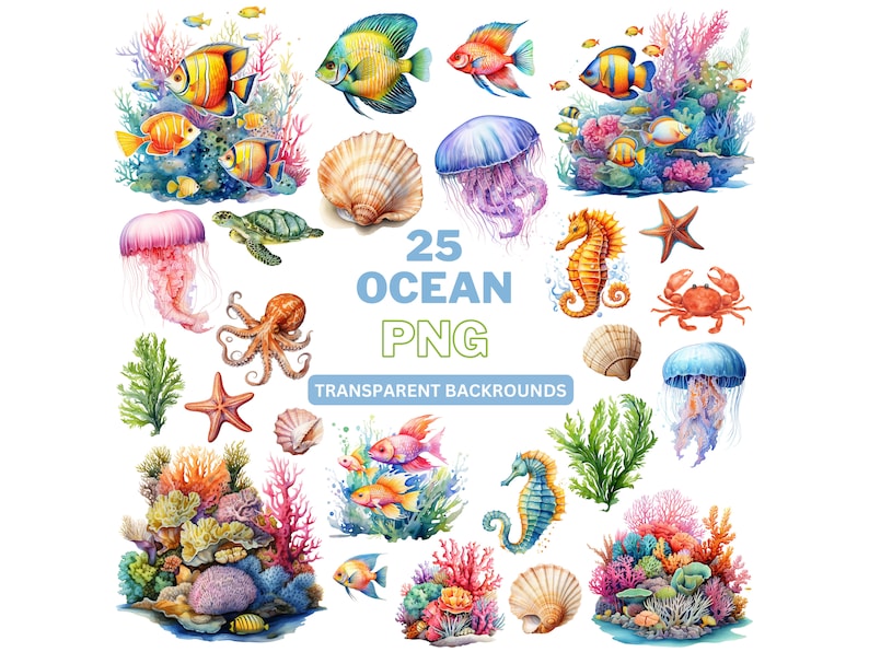 Ocean Clipart, Under the Sea Clipart, Watercolor Sea Creatures, Ocean ...