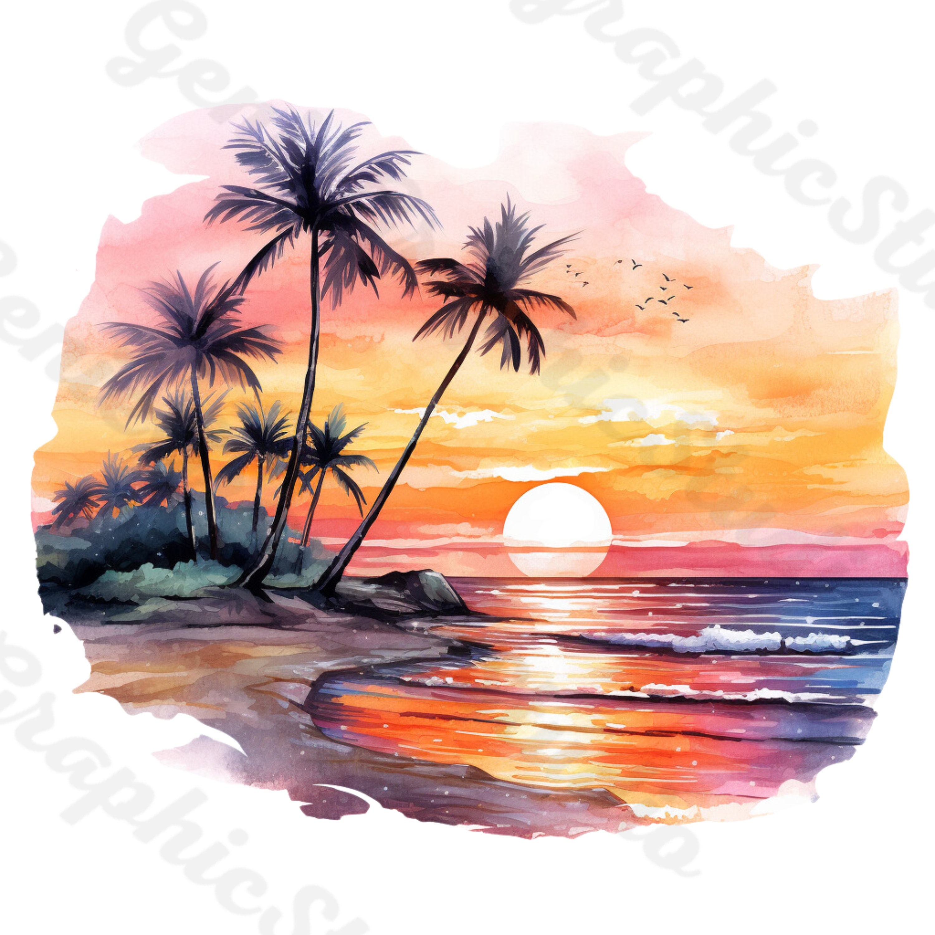 Sunset Png, Watercolor Beach Clipart, Summer Clipart, Retro Sunset ...