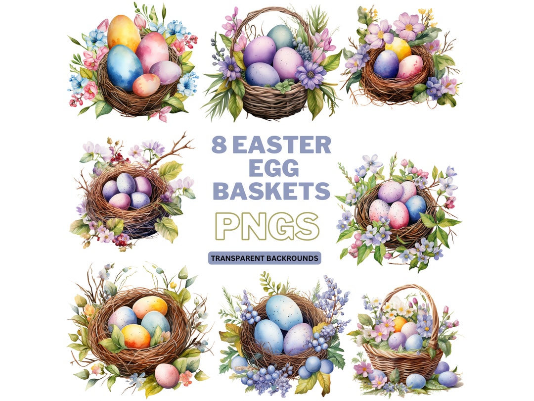Watercolor Easter Basket Clipart: Floral Spring PNG Bundle (digital ...