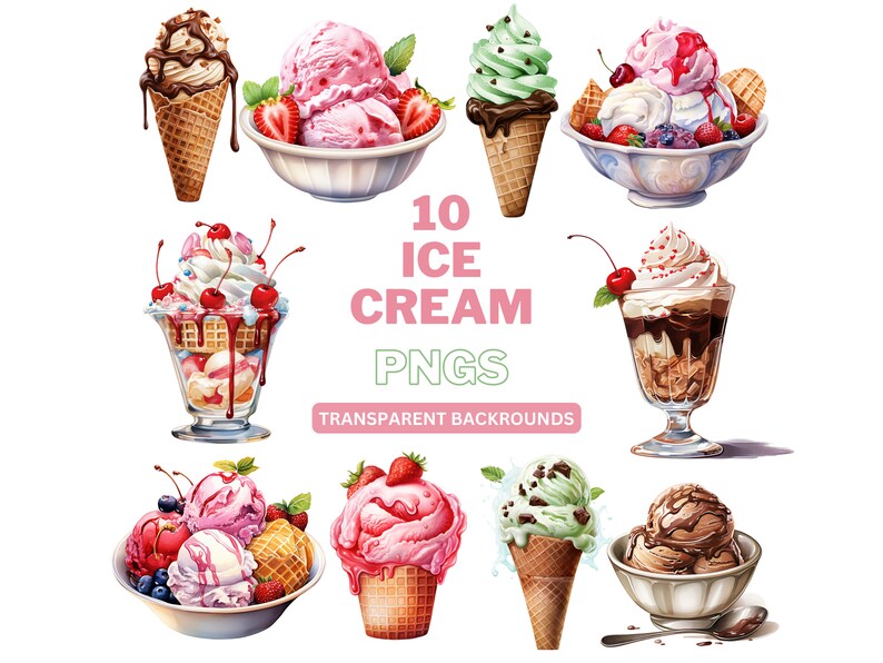 Watercolor Ice Cream Clipart: Dessert PNG Collection (digital Download ...