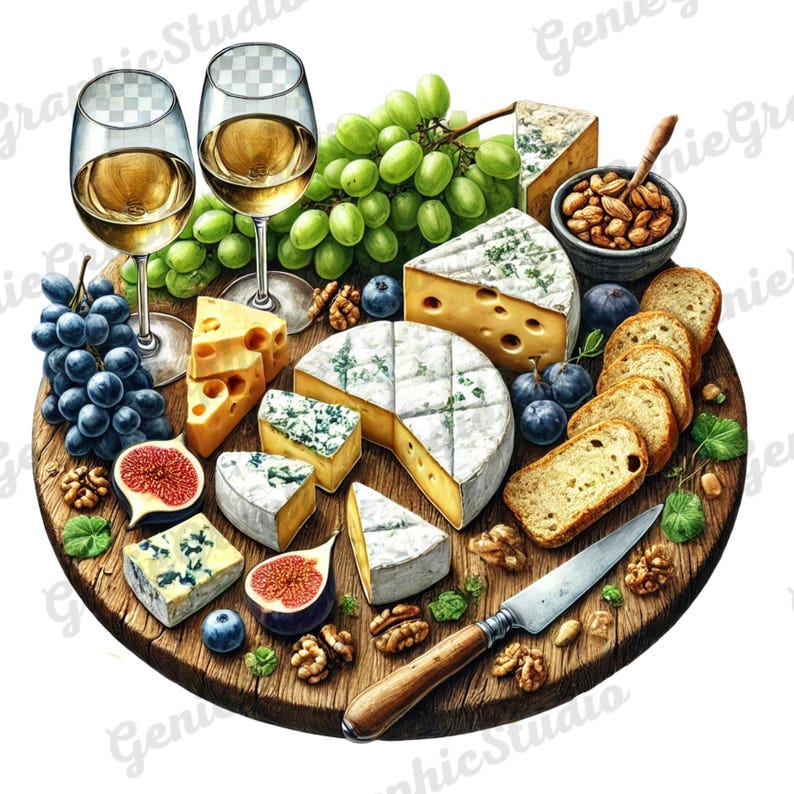 Watercolor Cheese Board Clipart: Rustic Food PNG Bundle (digital ...