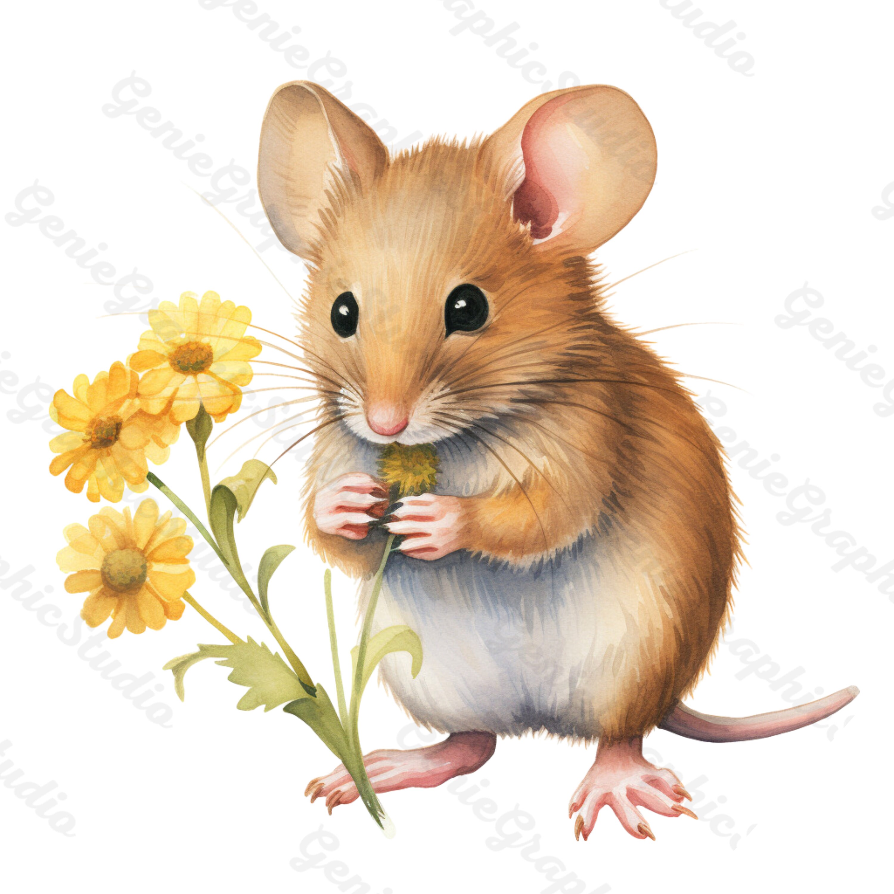 Watercolor Mouse Clipart, Cute Animal Clipart, Flowers Png, Animal ...