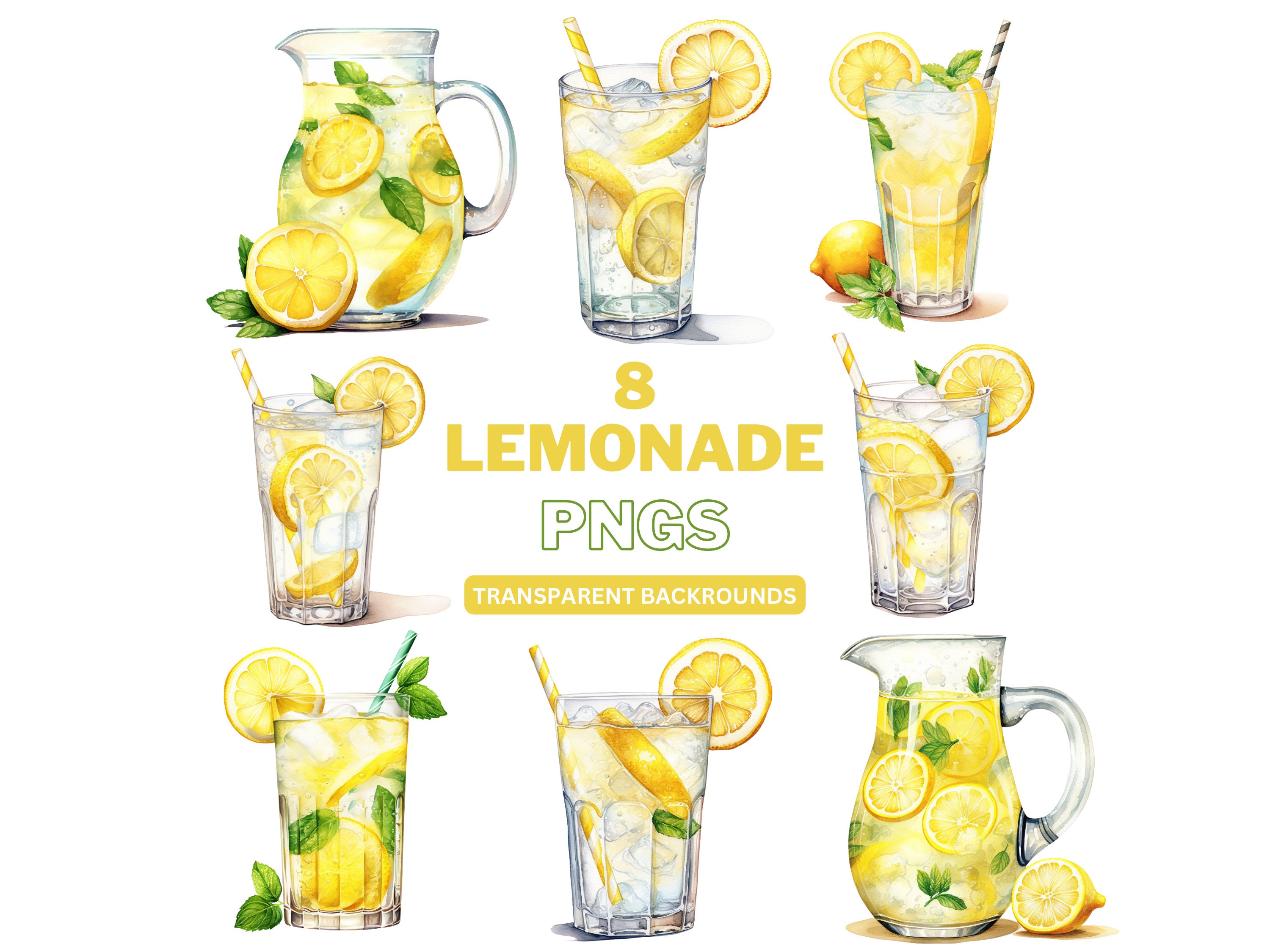 Lemonade Clipart PNG Bundle: Watercolor Summer Graphics (digital ...