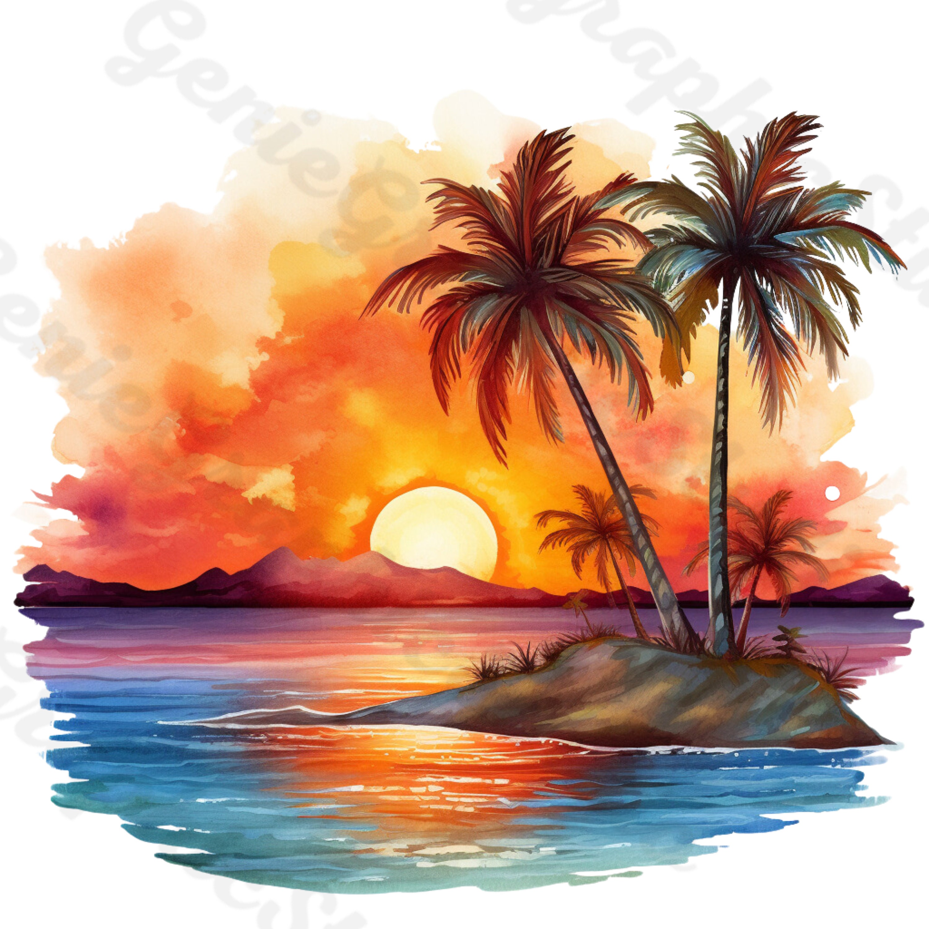 Sunset Png, Watercolor Beach Clipart, Summer Clipart, Retro Sunset ...
