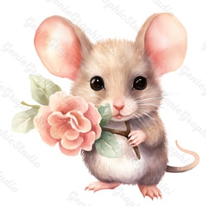 Watercolor Mouse Clipart, Cute Animal Clipart, Flowers Png, Animal ...