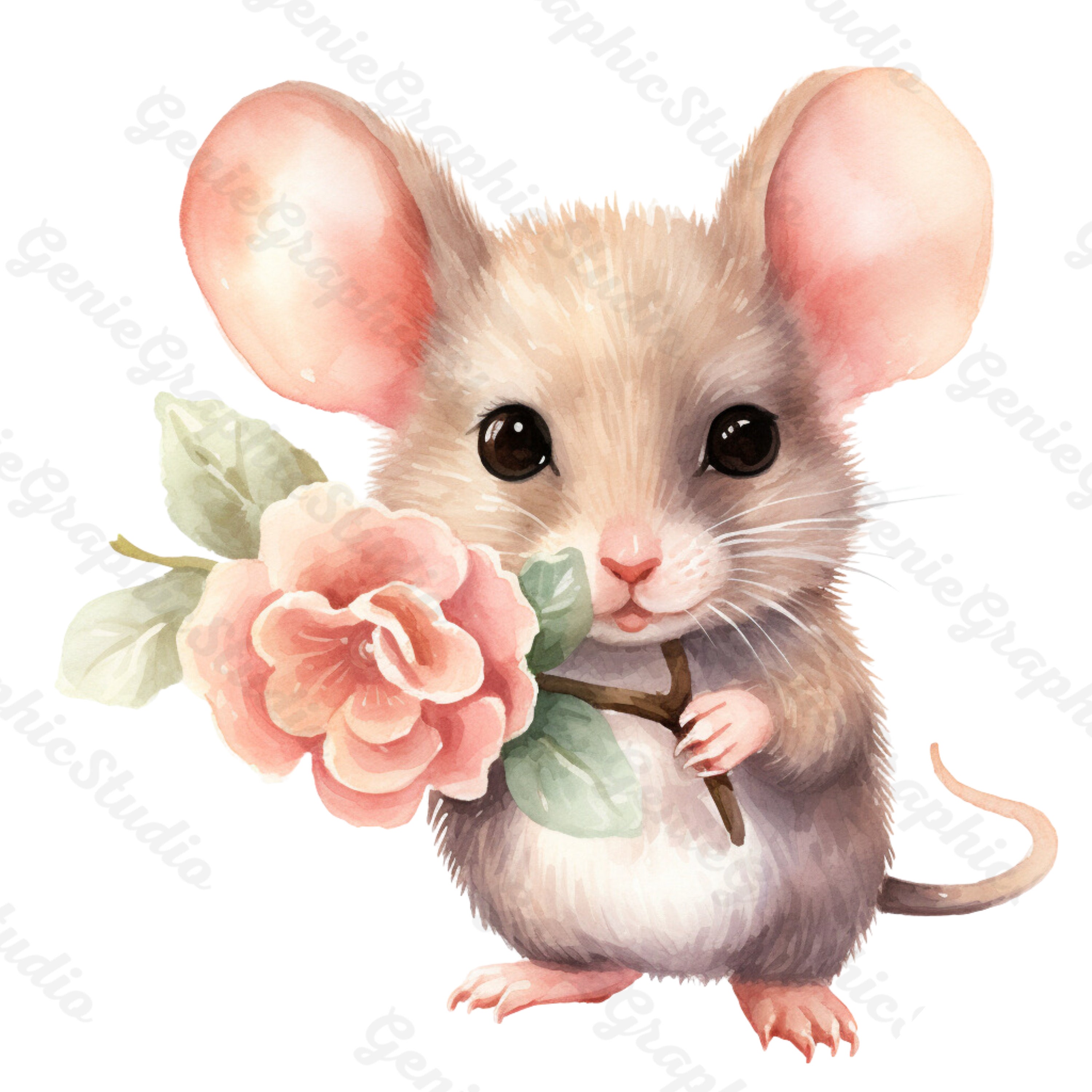 Watercolor Mouse Clipart, Cute Animal Clipart, Flowers Png, Animal ...