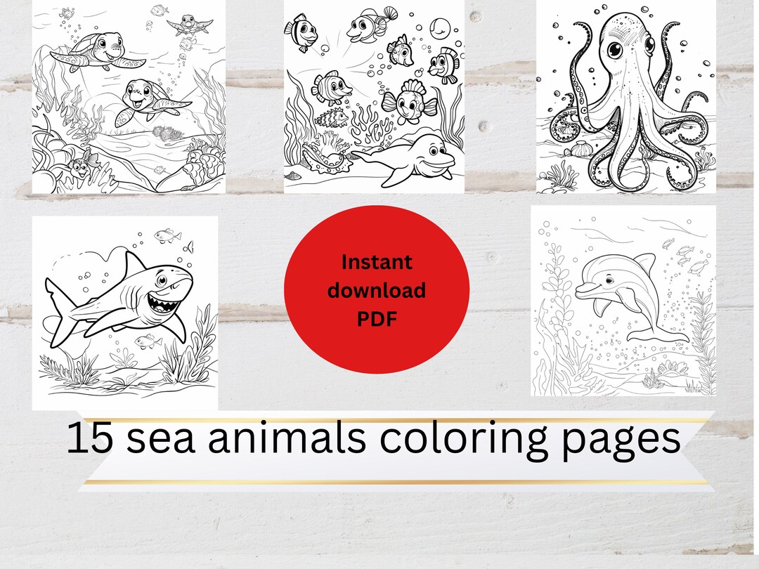 15 Sea Animals Coloring Pages - Adult and Kids Coloring Book, Ocean ...