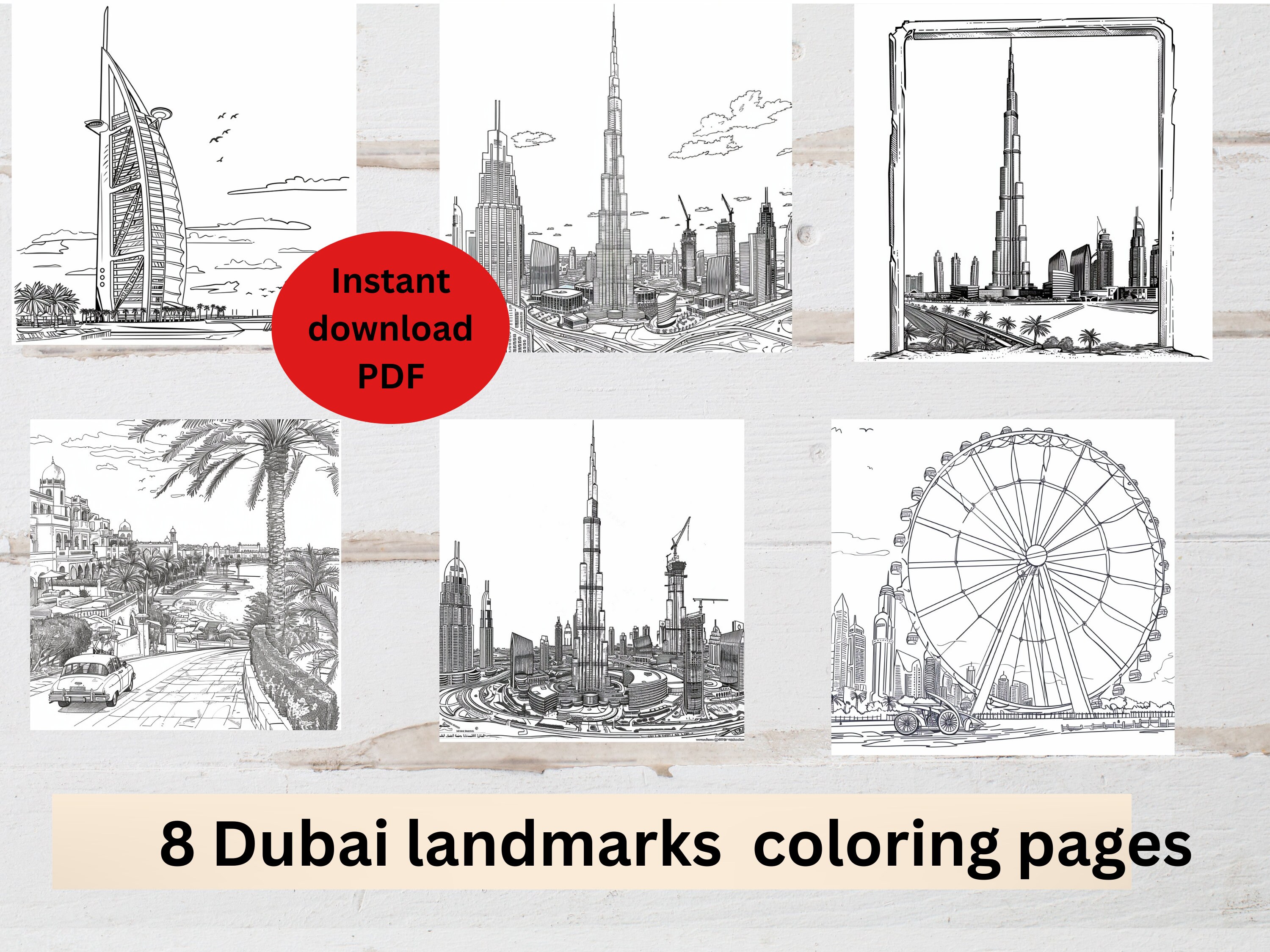 Dubai Landmarks, Burj Khalifa, Dubai Coloring Page Instant Download ...