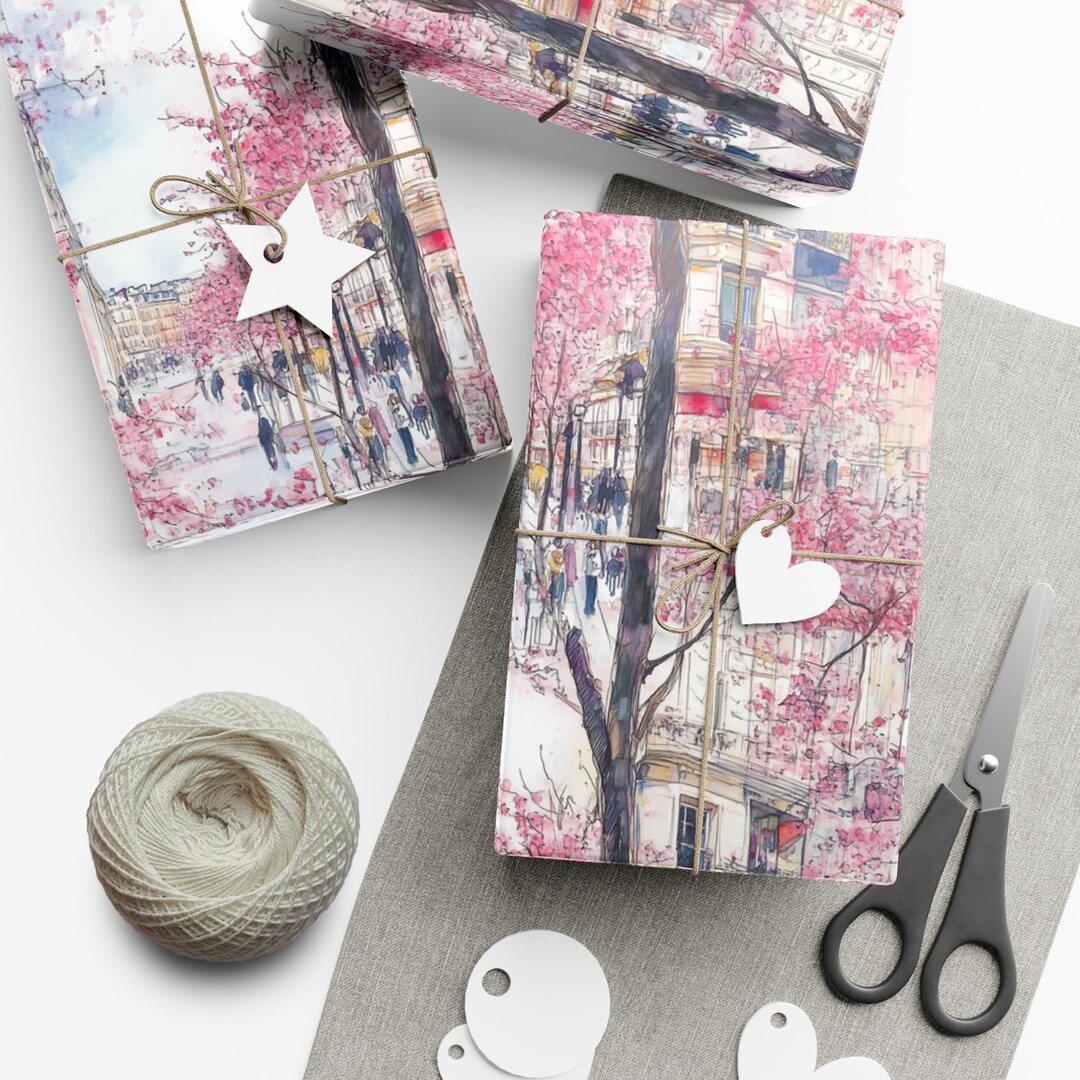 Paris Springtime Gift Wrap - Watercolor Cherry Blossom Street Scene Wrapping Paper for Birthdays ...