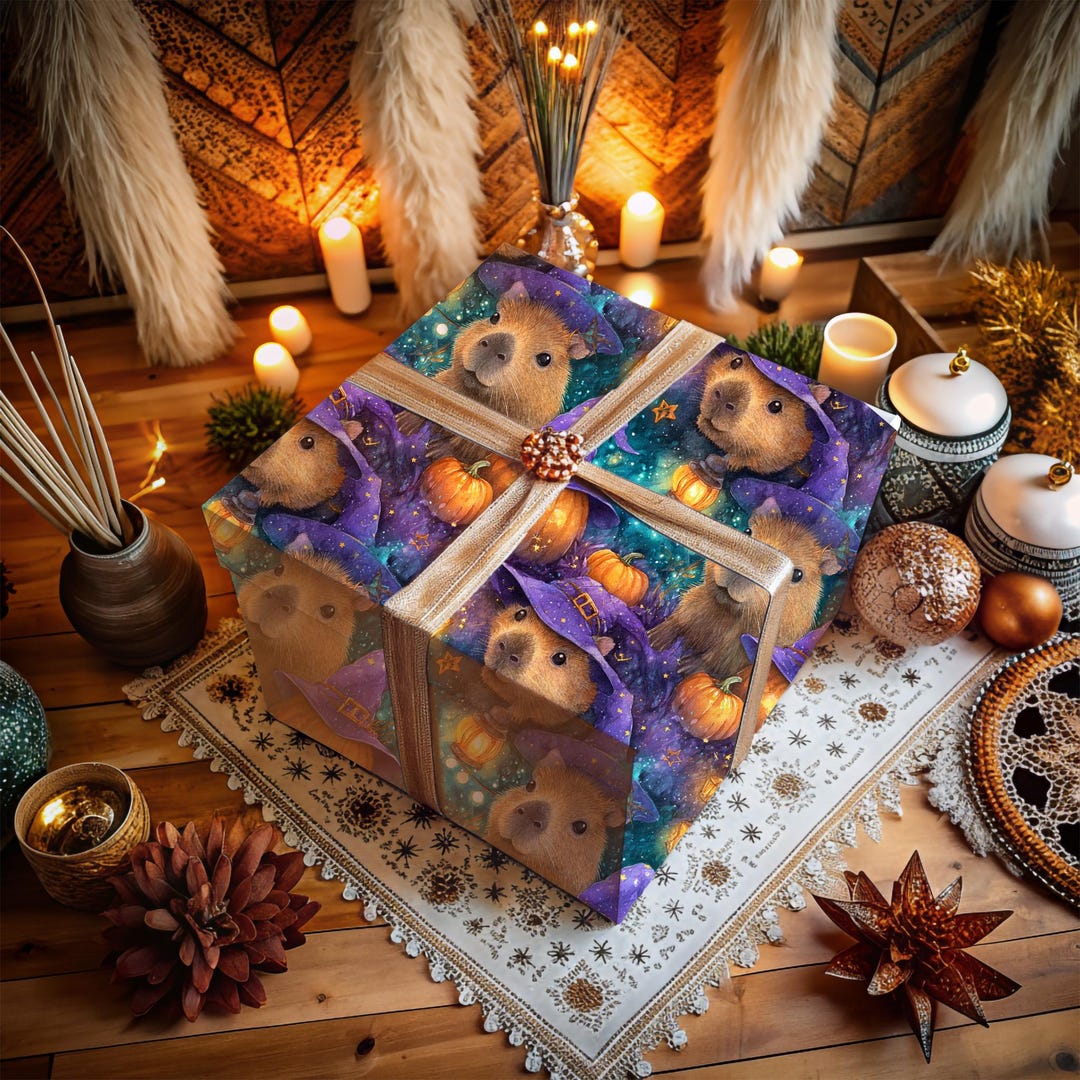 Halloween Capybara Gift Wrap: Witch Hat, Pumpkins & Lanterns - Etsy