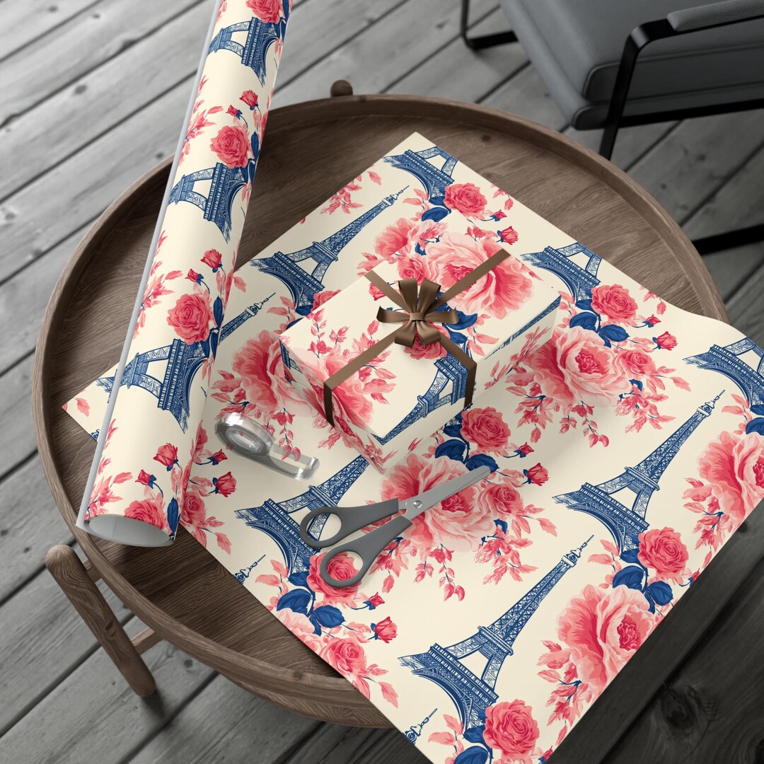 Parisian Floral Gift Wrap - Eiffel Tower & Roses Wrapping Paper ...