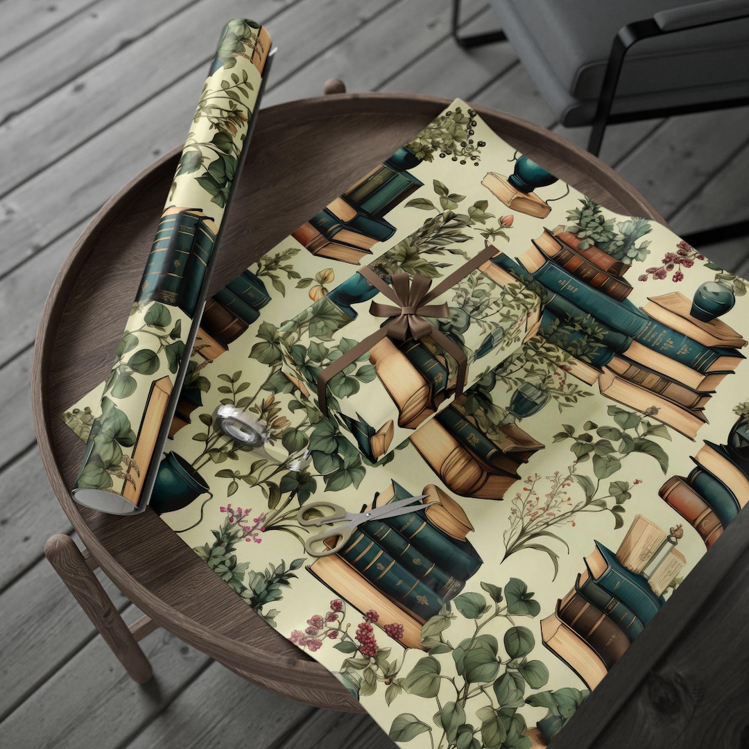 Floral Gift Wrap for Book Lover Wrapping Paper Books and Plants Gift ...