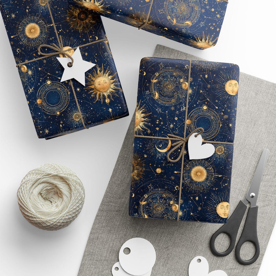 Celestial Zodiac Gift Wrap: Gold Sun, Moon & Stars - Midnight Blue - Etsy