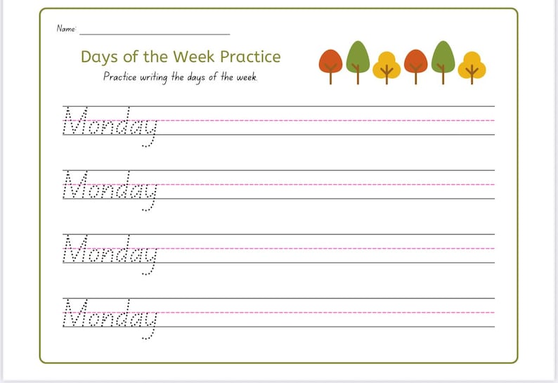 Days of the Week Handwriting Practice Worksheet, Printable Tracing for ...