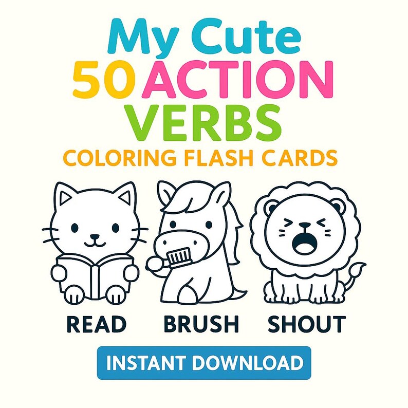 Action Verbs Coloring Flash Cards: ESL Early Learning - Instant ...