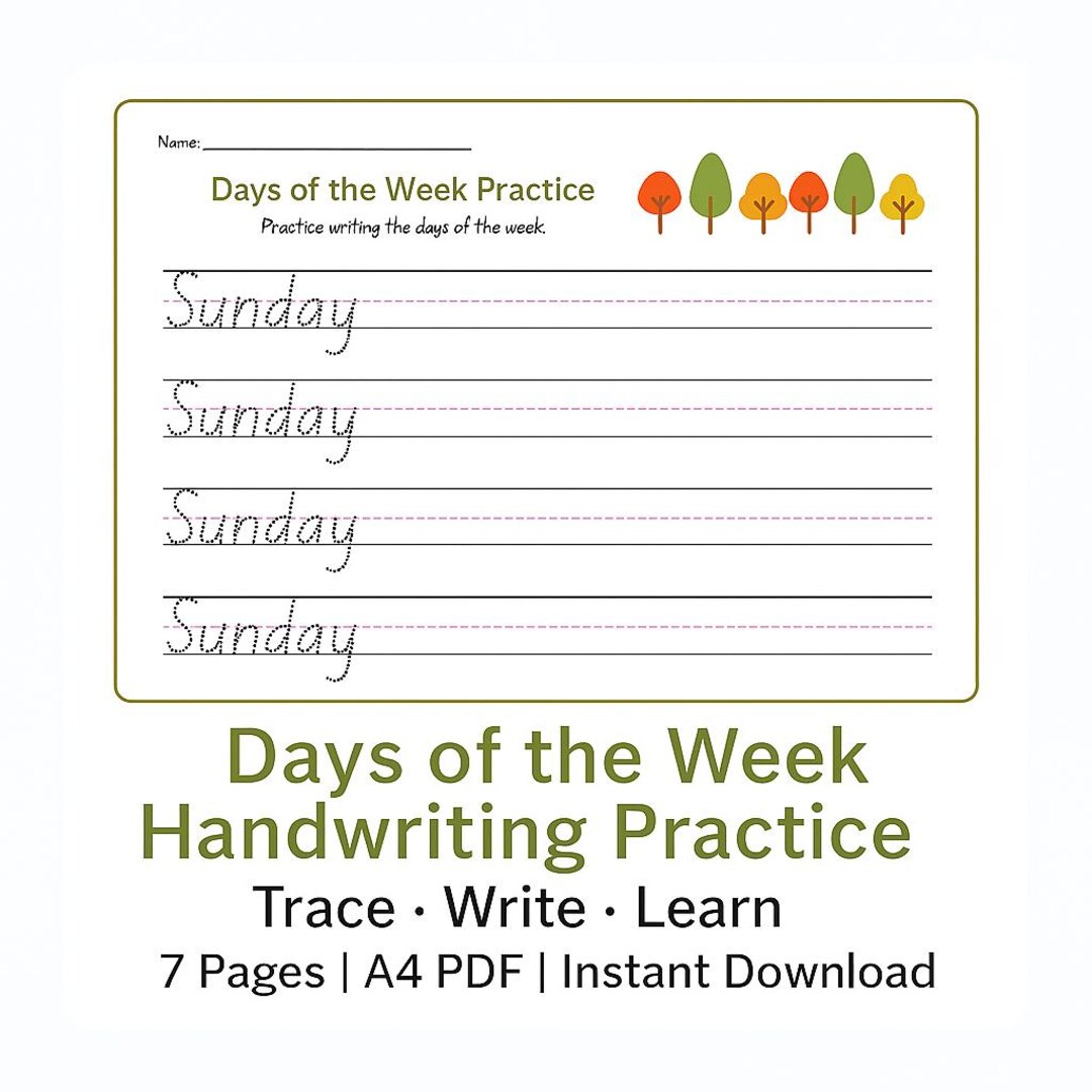 Days of the Week Handwriting Practice Worksheet, Printable Tracing for ...