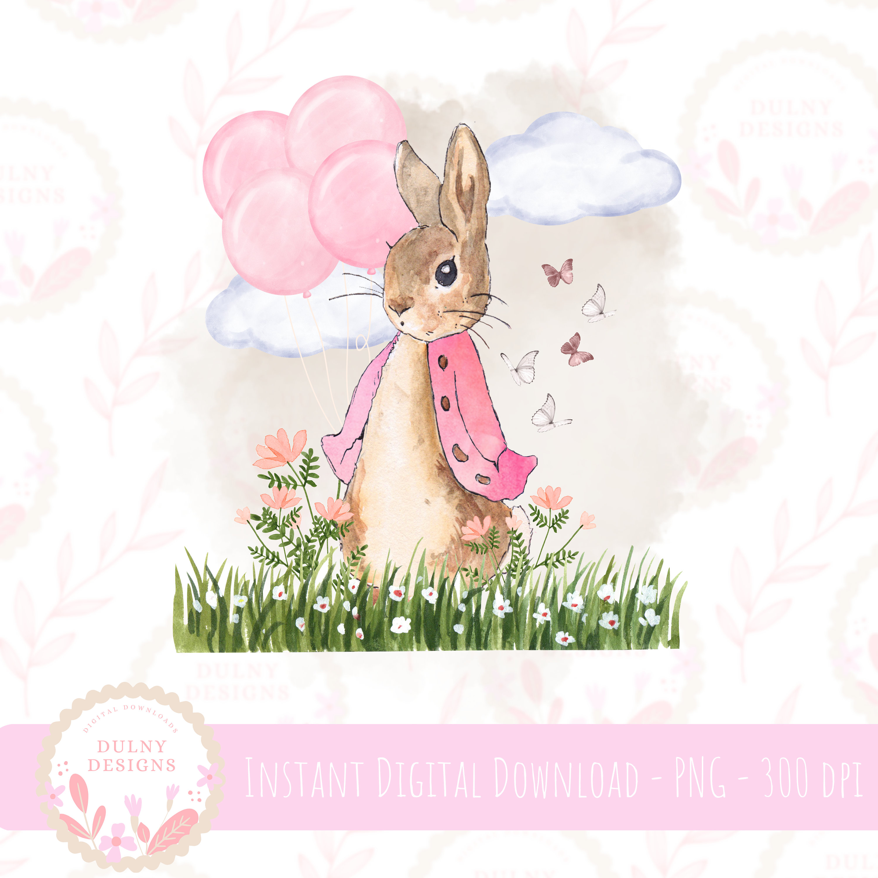 Pink Floral Flopsy Bunny PNG Bunny Sublimation Design Pink Balloon Pink ...
