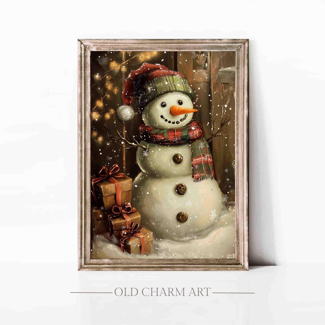 Christmas Print, Snowman Wall Art, Winter Landscape Painting, Christmas ...