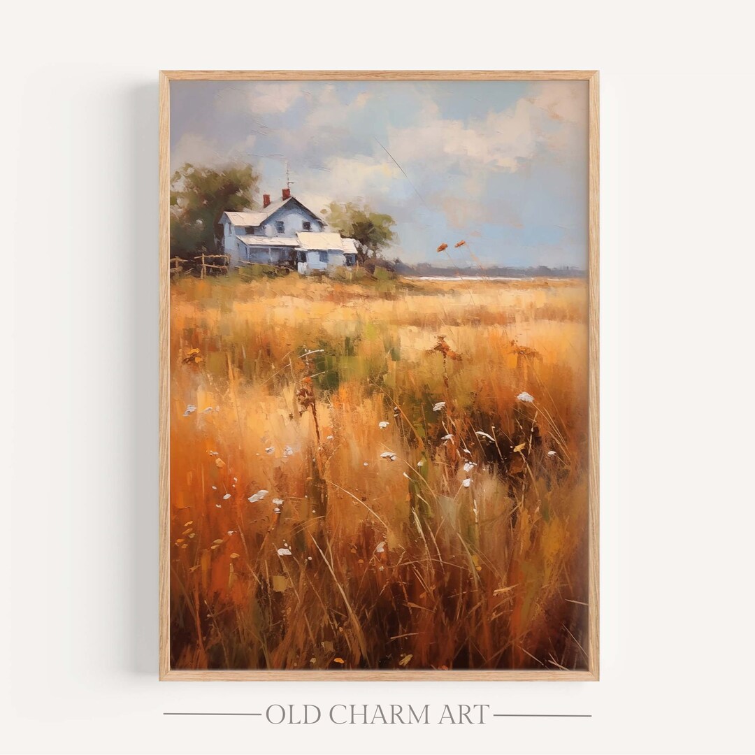 Printable Wildflower Field Painting, Landscape Oil Painting, Vintage ...