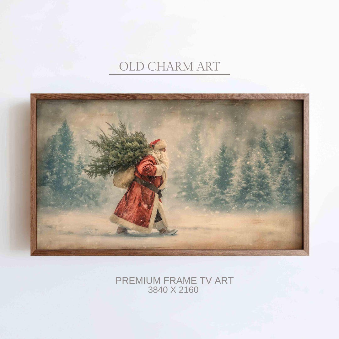 Christmas Frame TV Art, Santa Claus Walking Vintage Painting, Moody ...