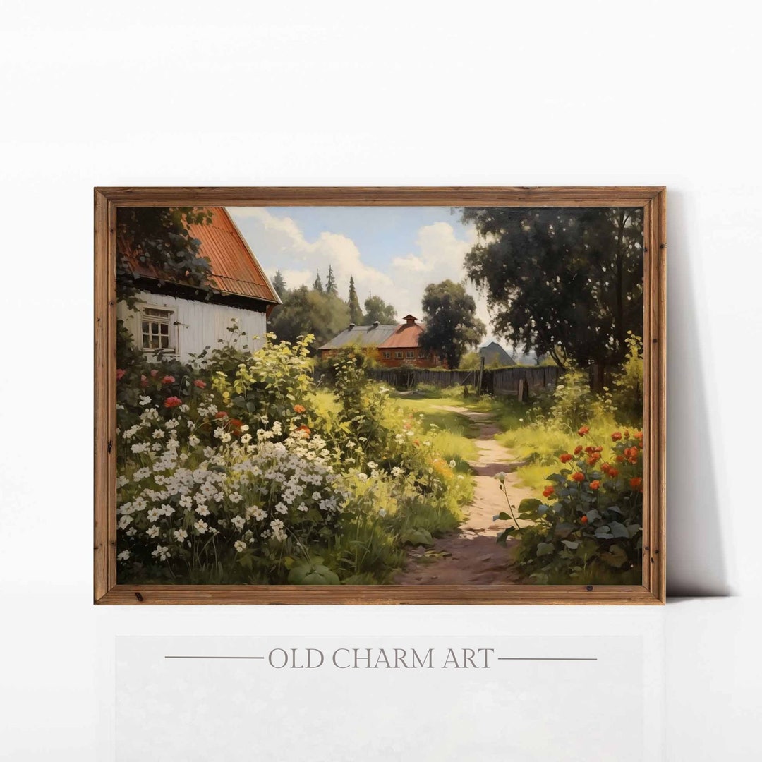 Cottage Landscape Wall Art, Rustic Country Painting, Farmhouse Summer ...