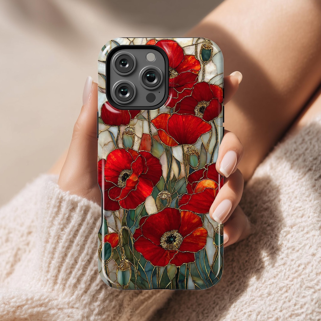 Poppy Flowers Stained Glass Phone Magnetic Case, iPhone 16 Pro Max ...