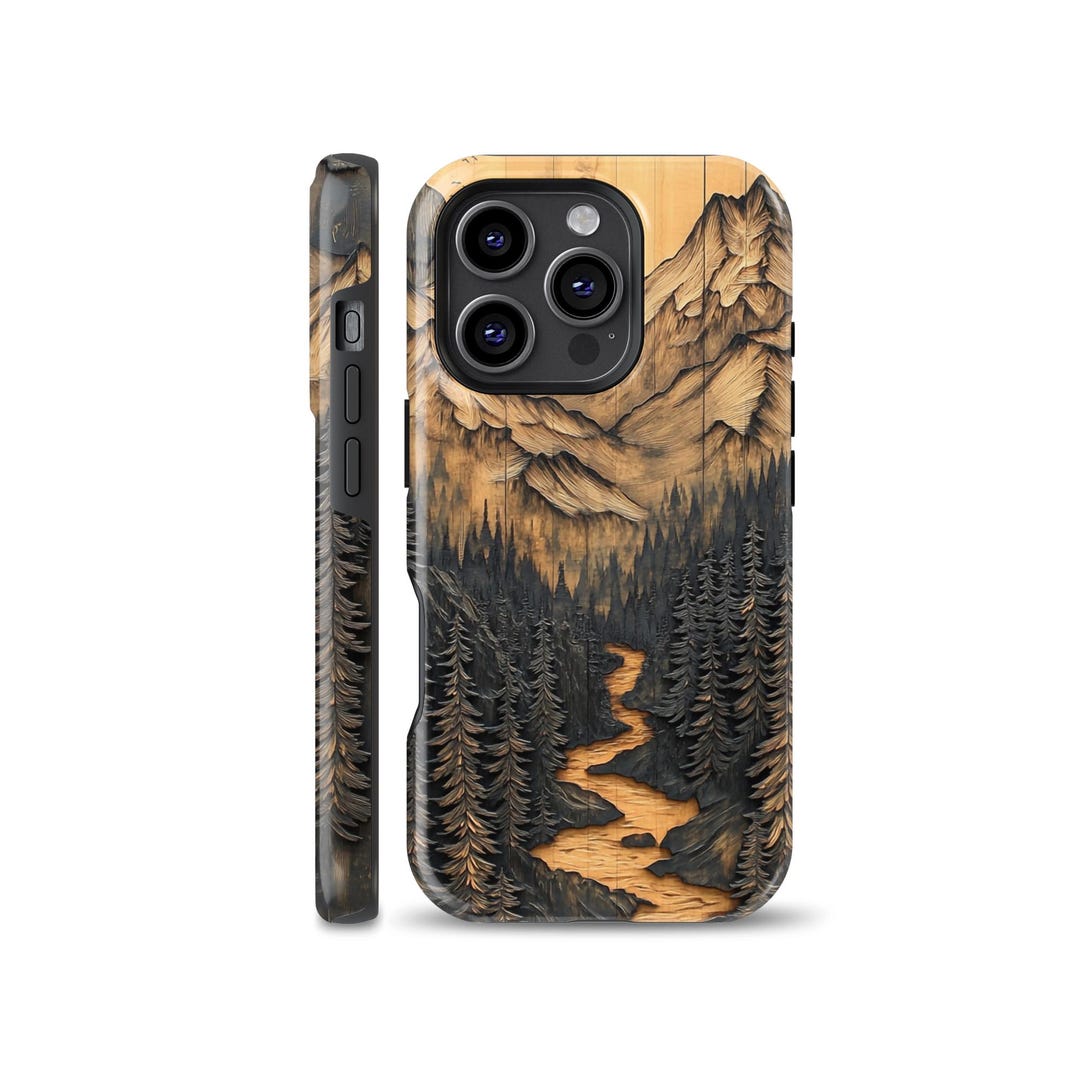 Nature-inspired Wooden Carved Wood Style Mountain Tough Phone Case for ...