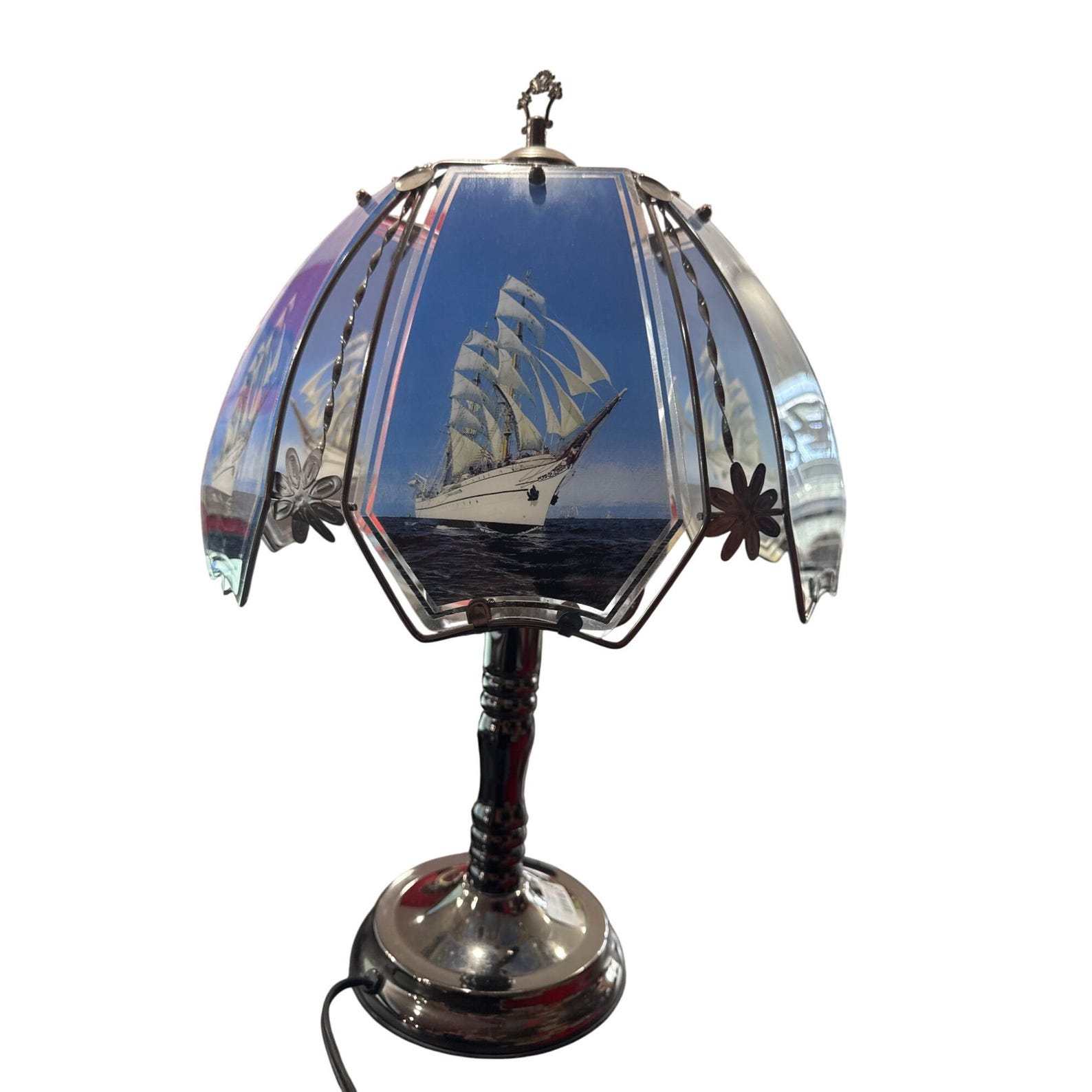 Vintage Stained Glass Table Lamp With Sailing Ship & Chrome Base SKU ...