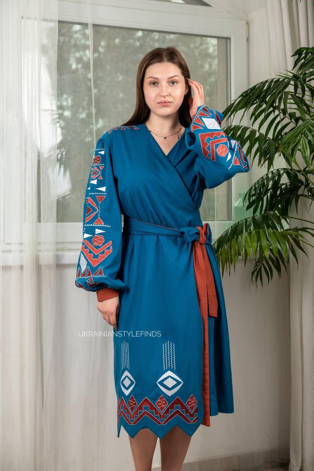 Wrap Dress, Blue and Terracotta Embroidery, Midi Women's Dress ...