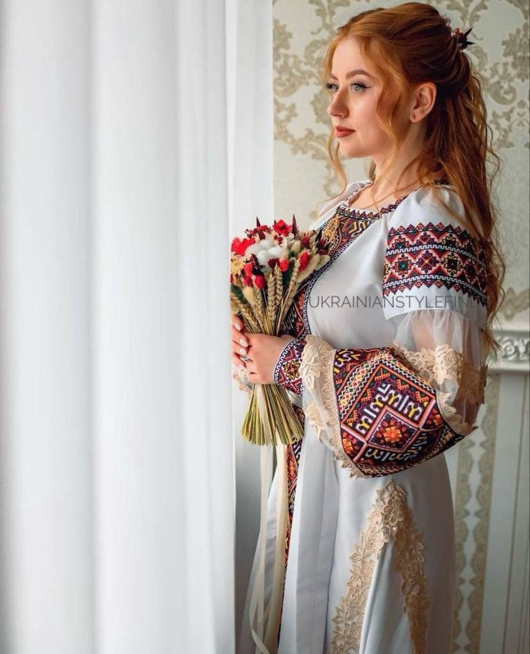 Traditional Ukrainian Wedding Dress With Embroidery, Long Women's Dress ...