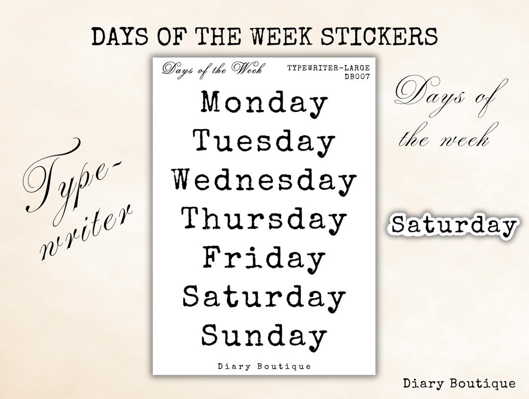 Days of the Week Stickers Typewriter Font Minimal Vintage Planner ...