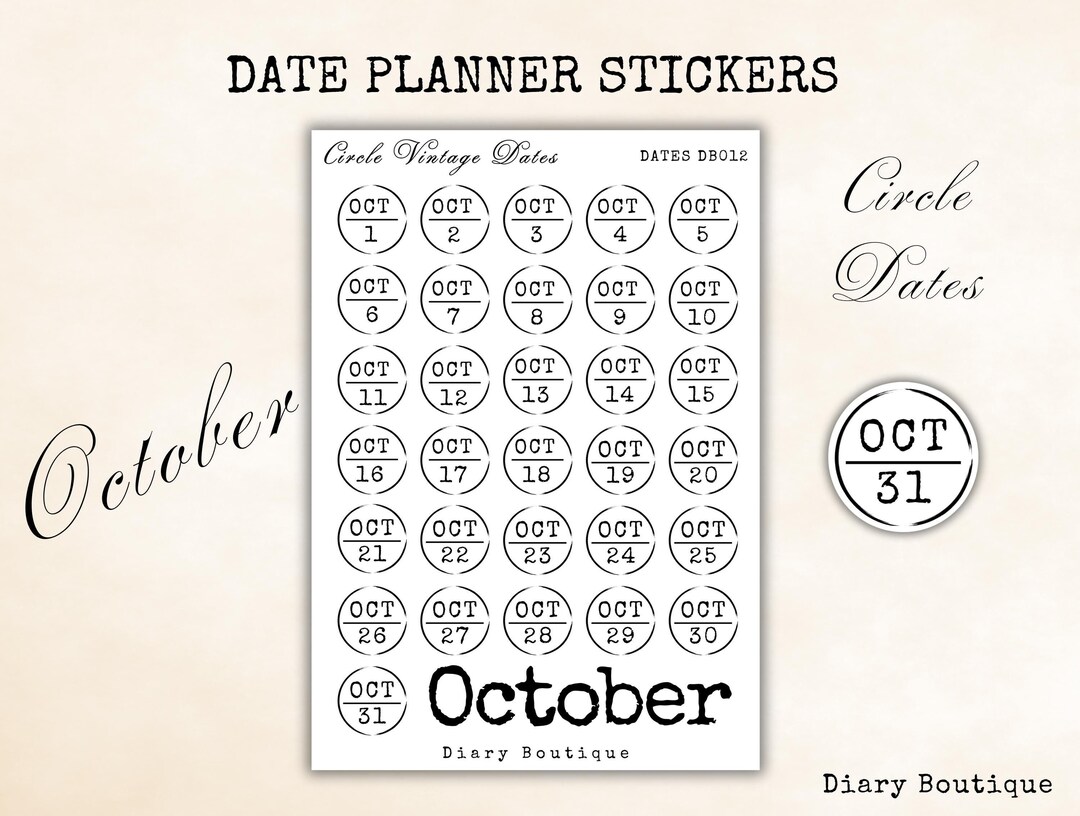 Circle Date Labels Dates Sticker Sheet Typewriter & Script Font Planner ...