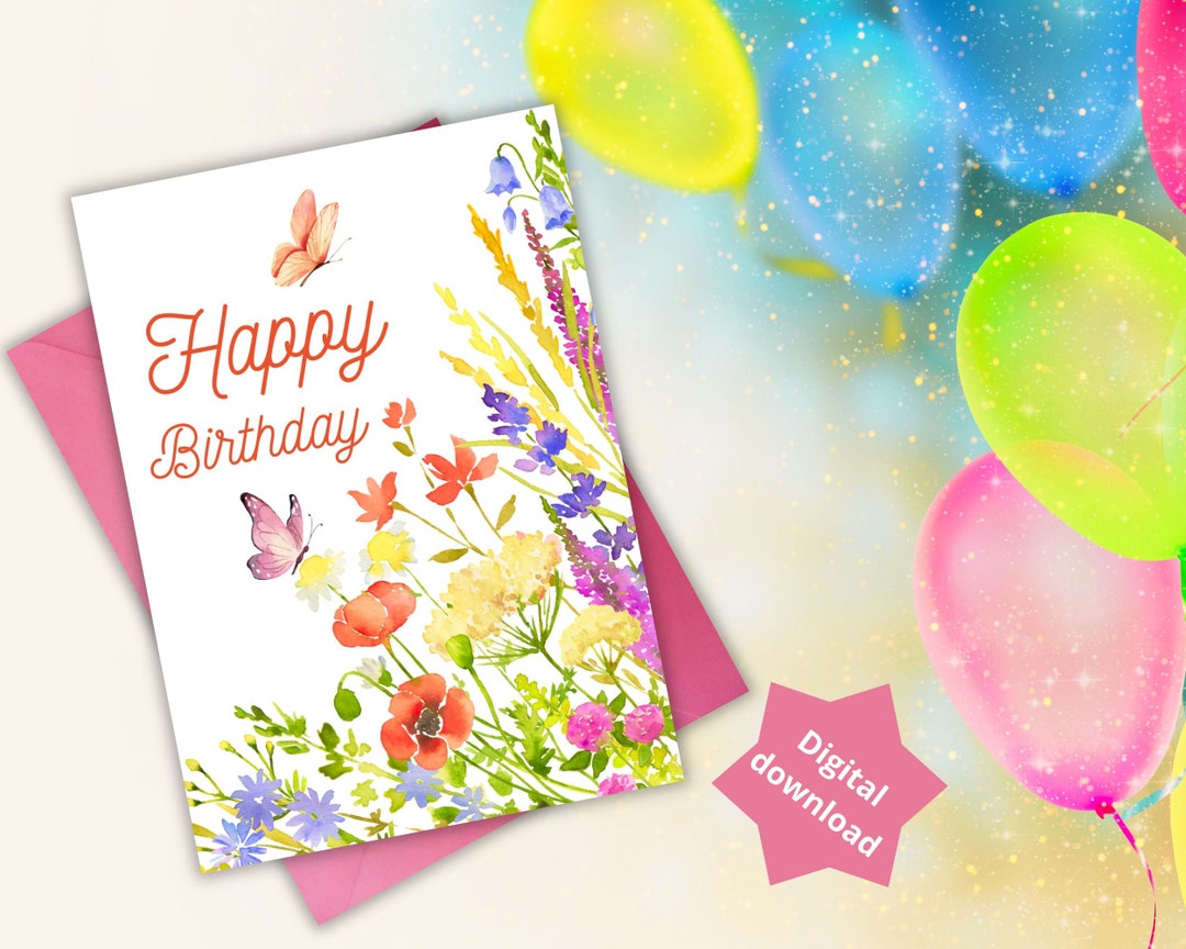 Printable Flower Birthday Card, Happy Birthday Card, Printable Birthady ...