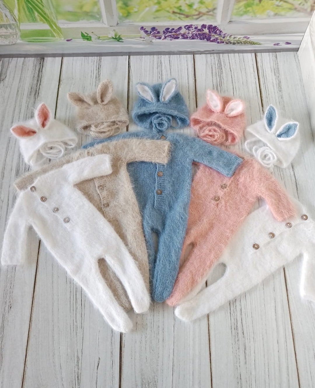 Newborn Bunny Costume Knit Crochet Bunny Suit Overall Hooded Hat Romper ...